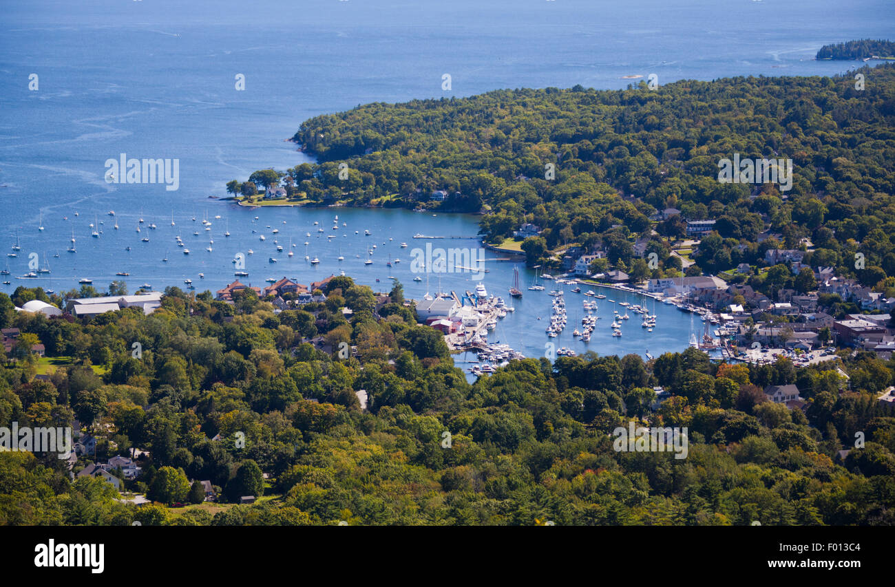 Camden Harbor seen from atop Mt. Battie along the rugged coastline of ...