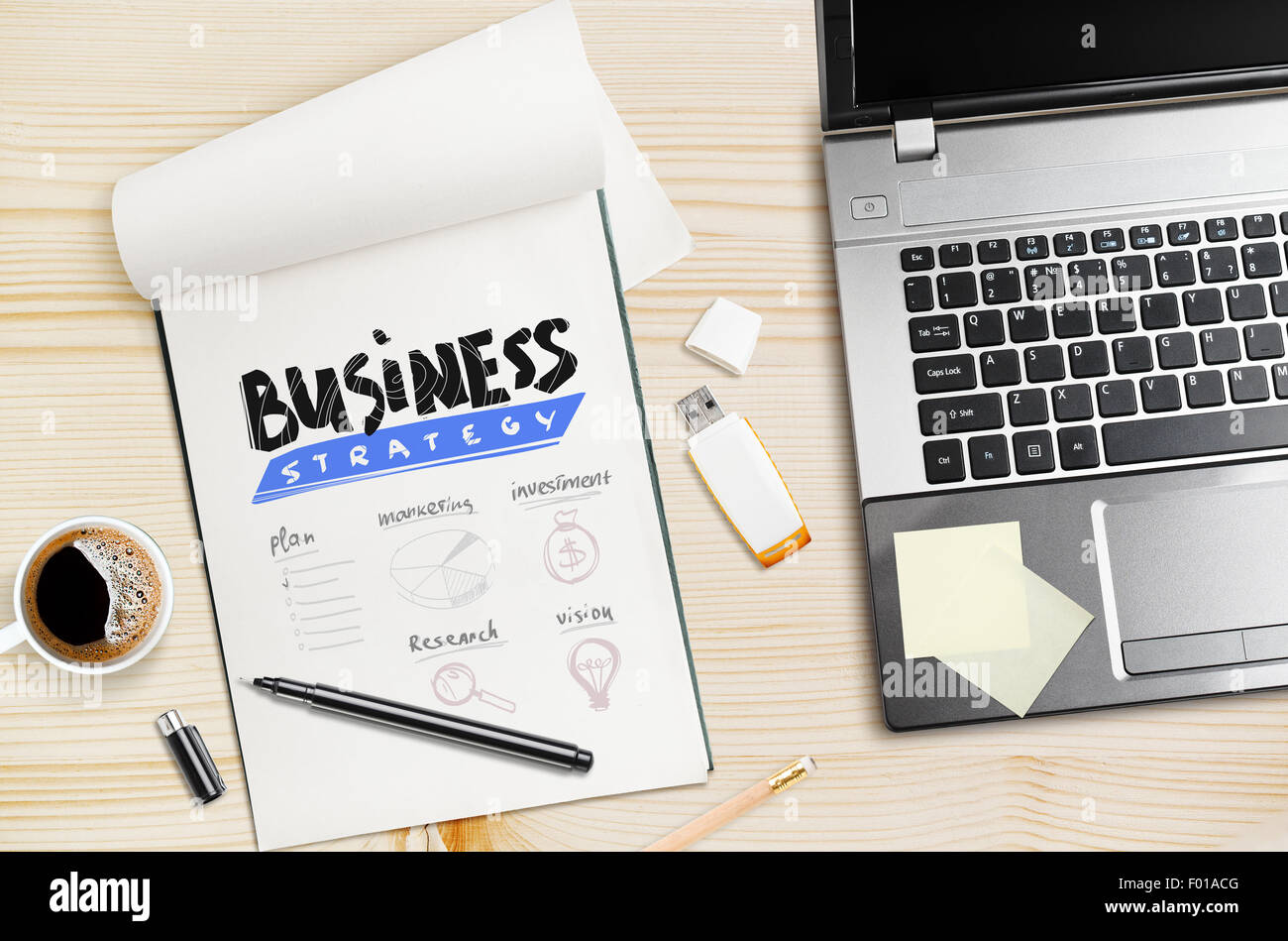 Workplace, laptop and notepad with hand drawn business strategy Stock ...