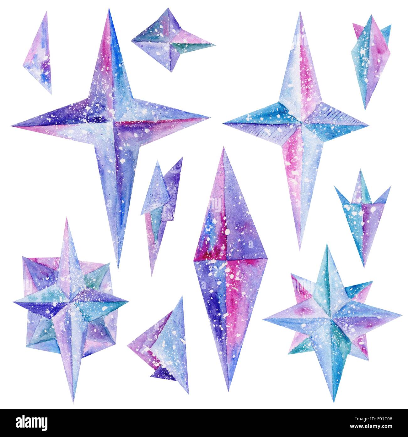 Magic hand-painted star shapes in blue, purple and pink colors isolated ...