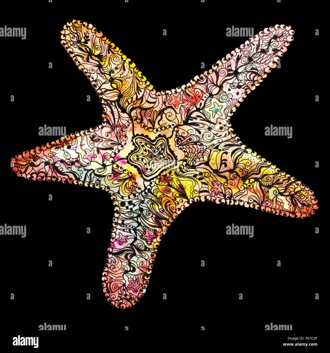 Star in sketch style with hand-painted ink ornaments on black ...
