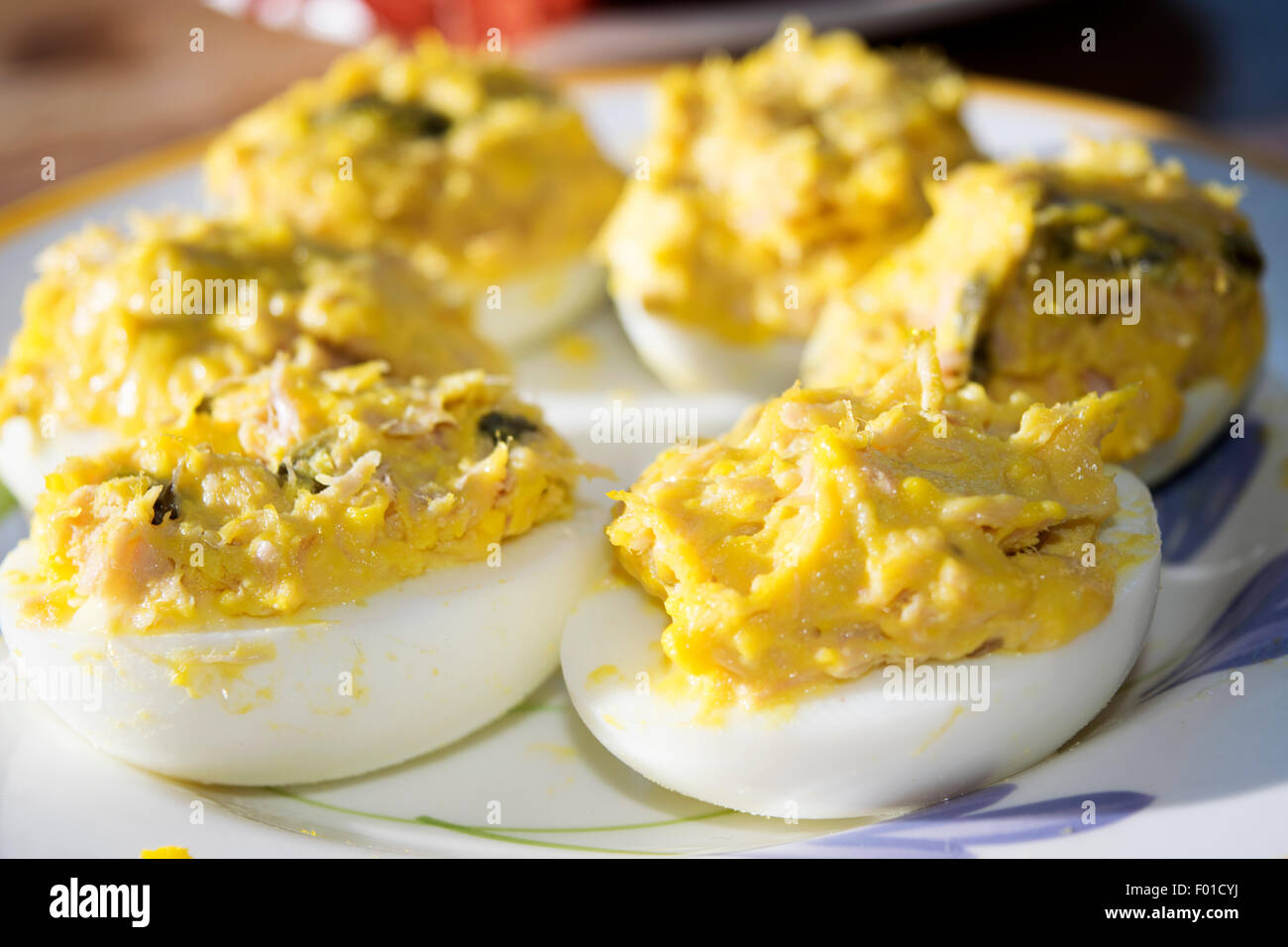 boiled eggs filled with a filling of tuna and mayonnaise Stock Photo ...