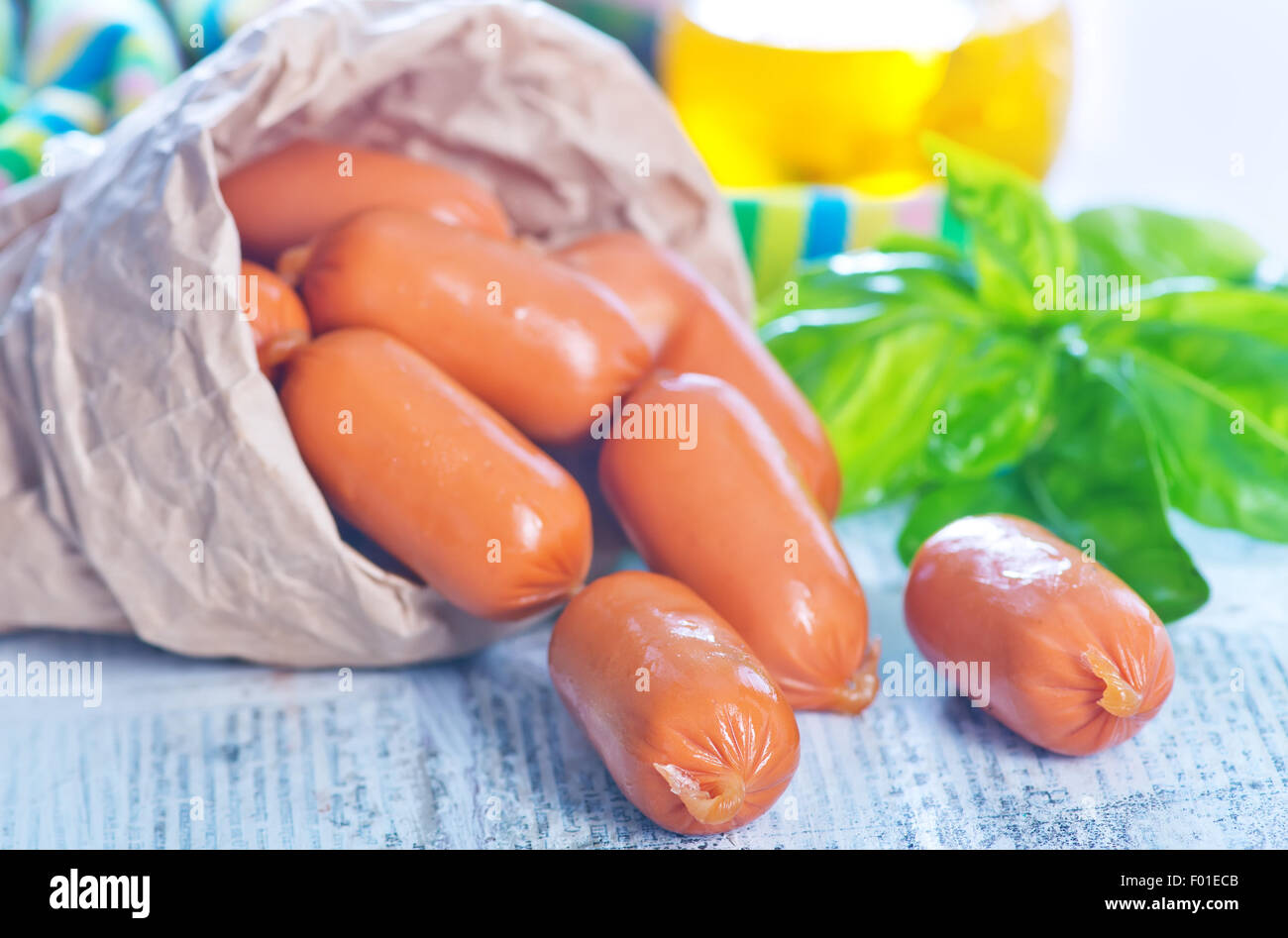 sausages in paper bag and on a table Stock Photo - Alamy
