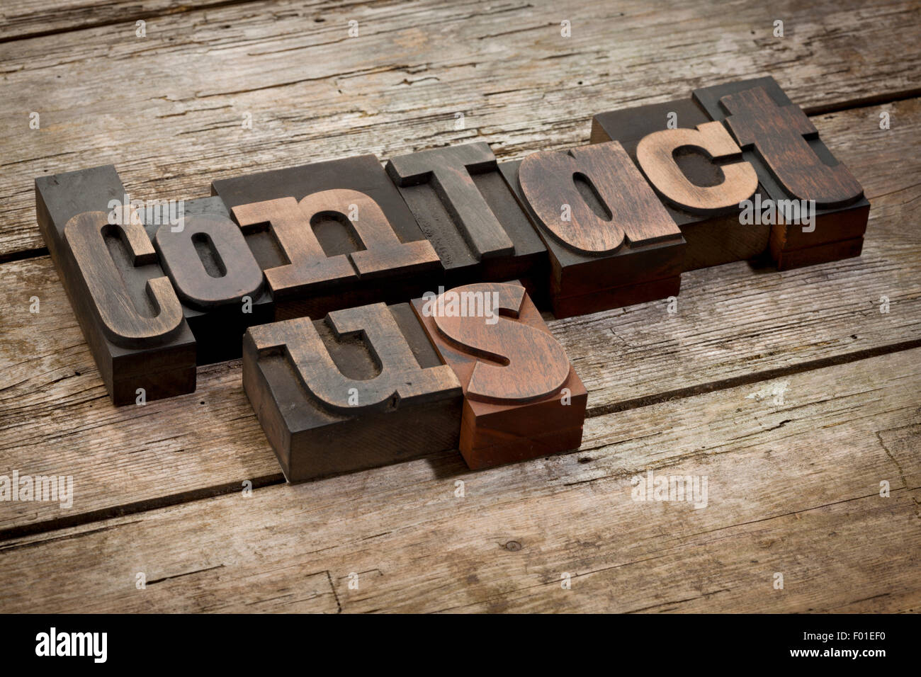contact us, phrase written with vintage letterpress printing blocks ...