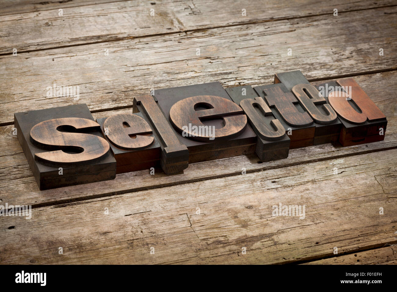selected, word written with vintage letterpress printing blocks, angled ...