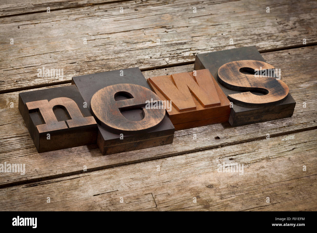 news, word written with vintage letterpress printing blocks, angled ...