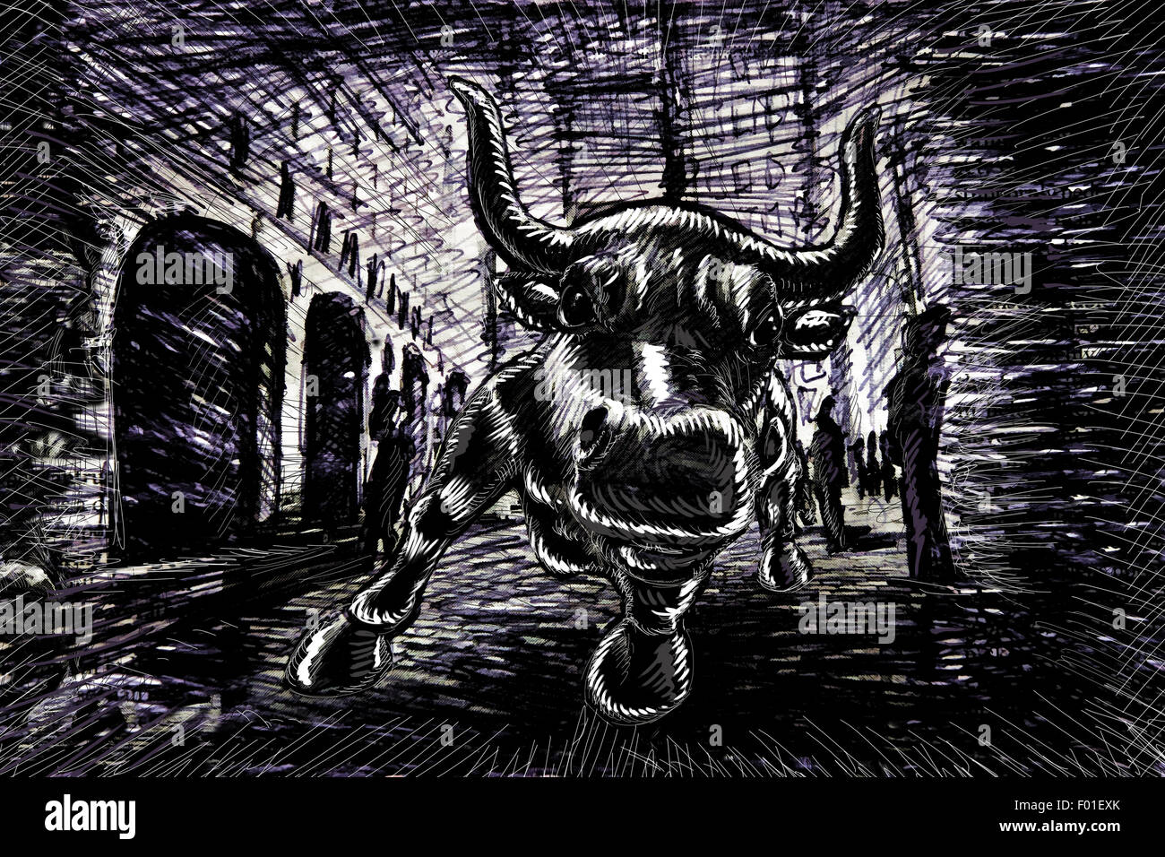 Charging Bull illustration, symbol of the financial district of New ...