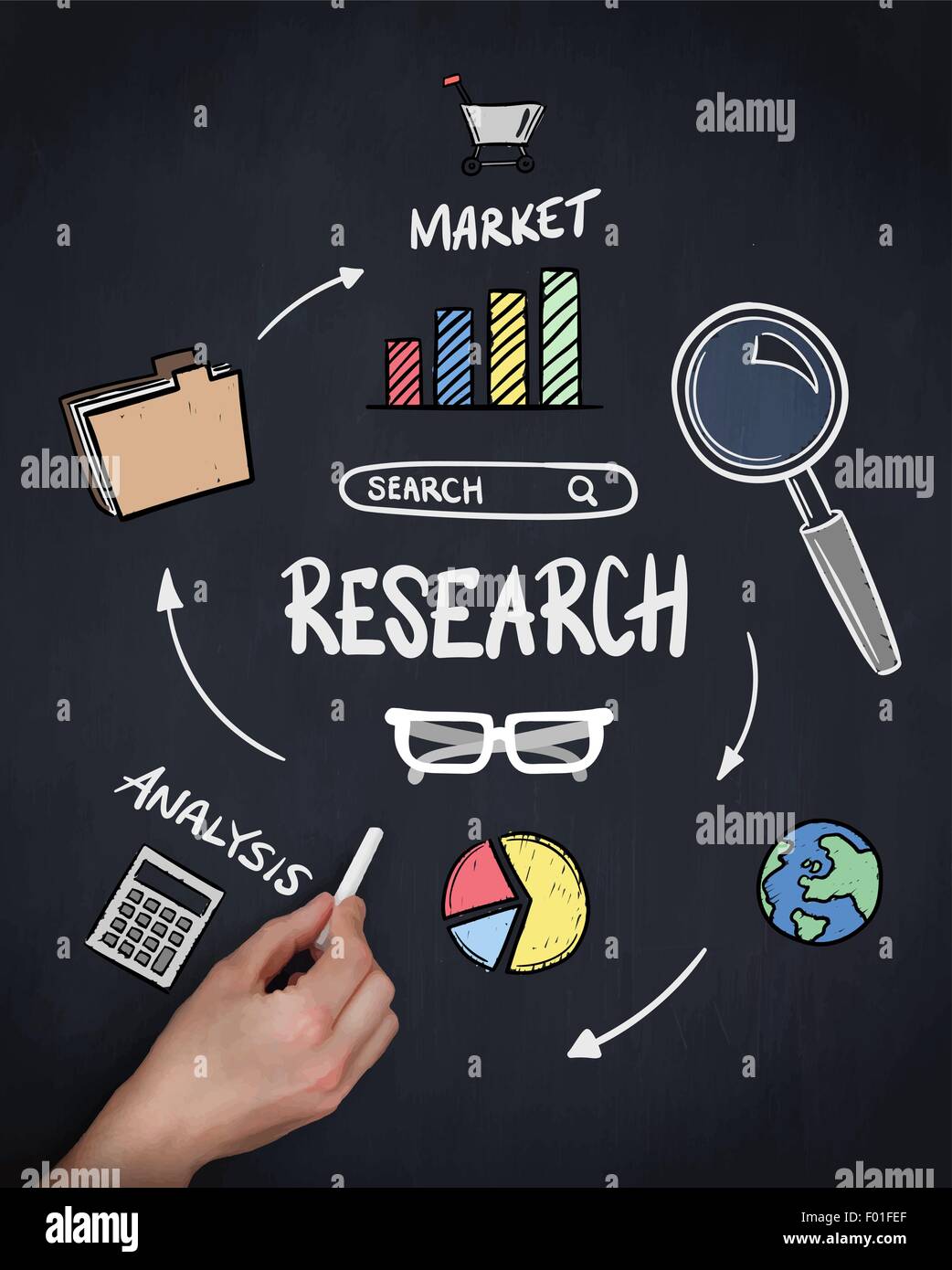 Coloured research icons hand drawn vector against black background ...