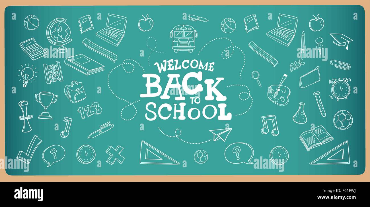 Chalk drawn welcome back to school icons vector on chalkboard Stock ...