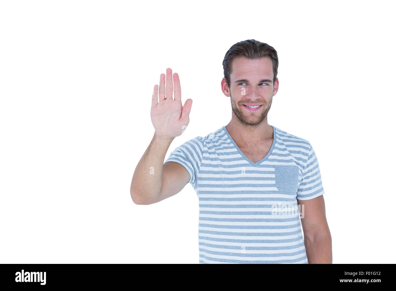 Happy handsome man showing his hand Stock Photo - Alamy