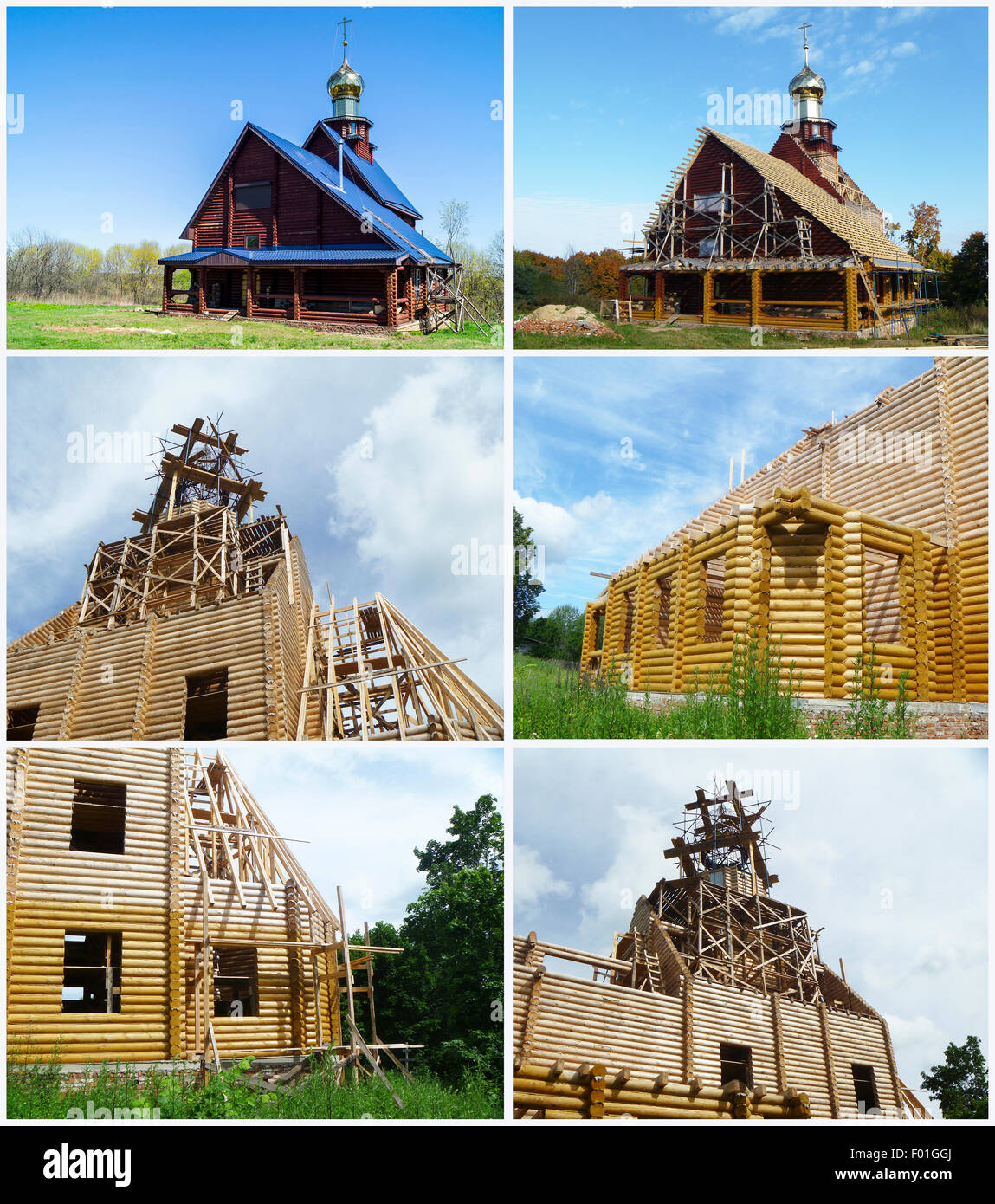 Kollazh. Construction new church in Russia Stock Photo - Alamy