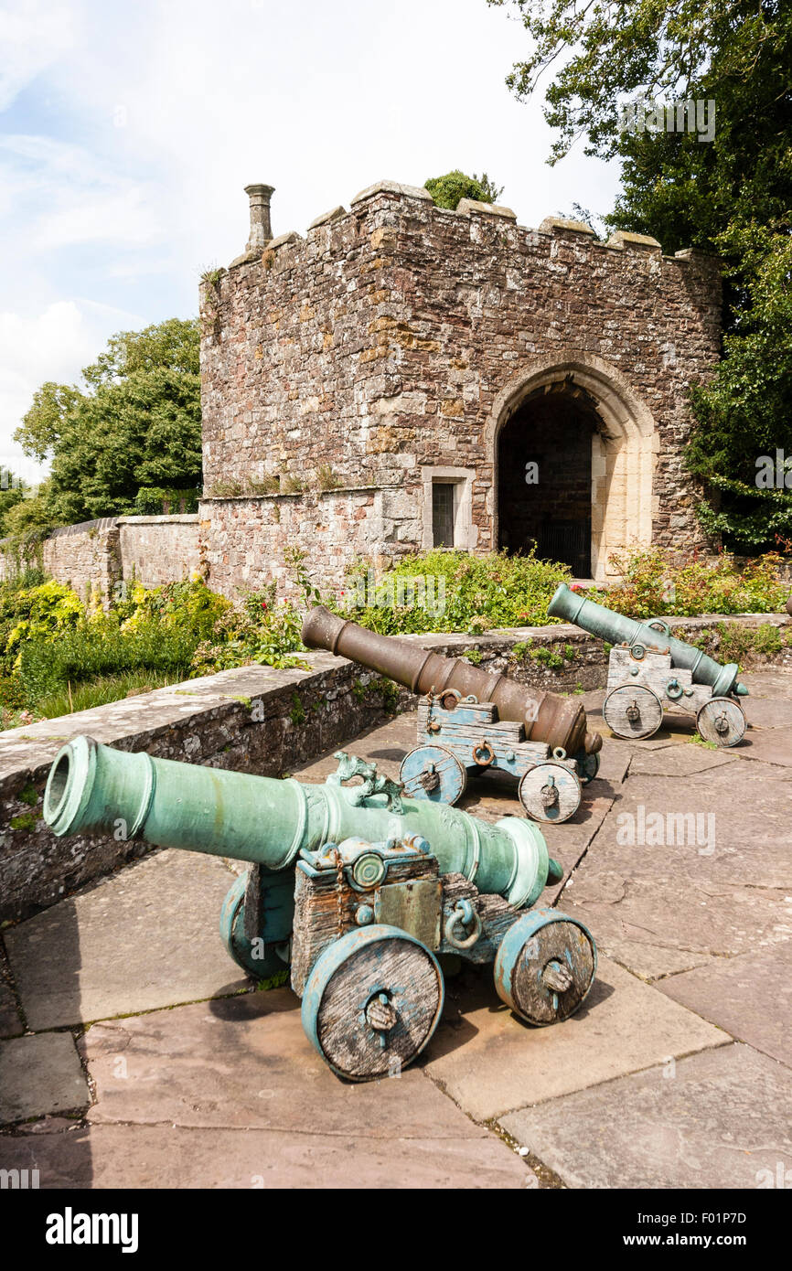 Berkeley castle in England. Row of cannons along low wall on the inner ...