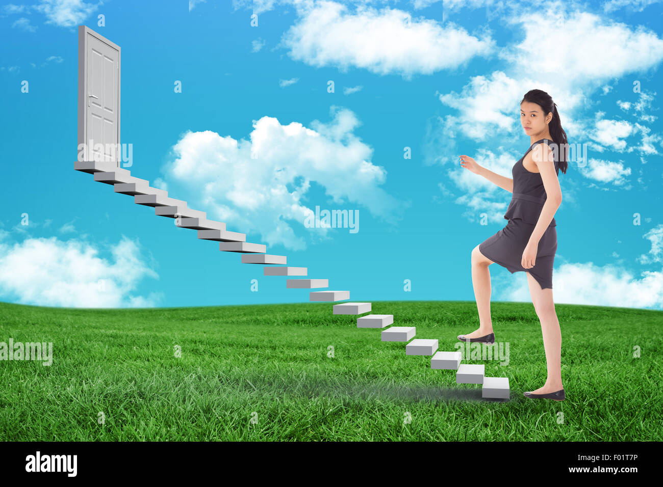 Stylish young woman climbing sunny stairs hi-res stock photography and ...