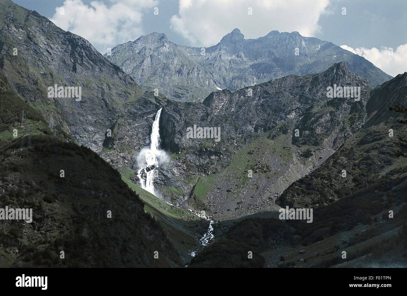 The Serio River waterfall during the opening of the Barbellino dam ...