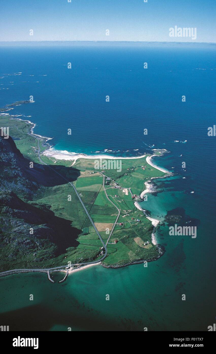 Aerial view of Flakstad in the island of Flakstadoya - Lofoten Islands ...