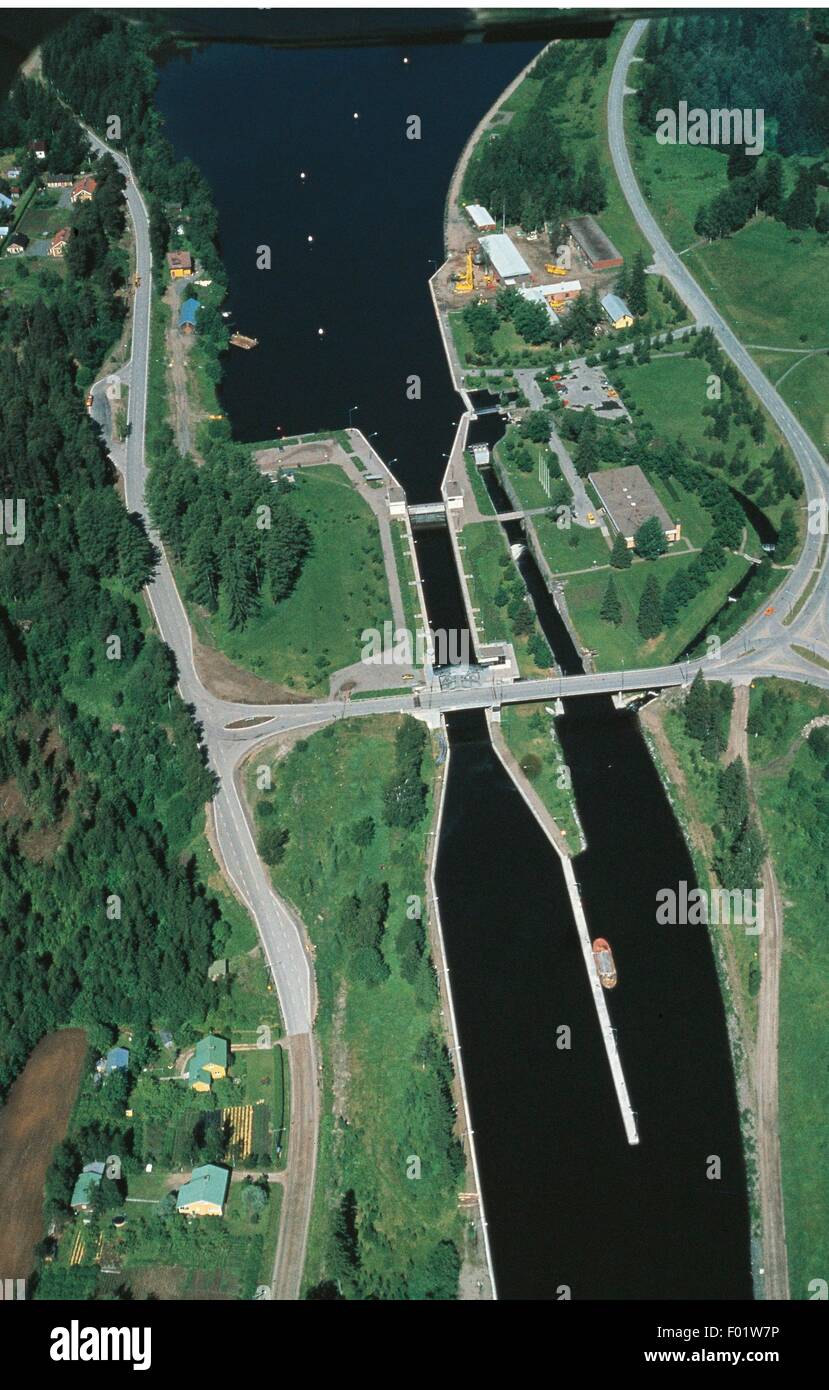 Aerial view of Saimaa Canal that links Finland and Russia - Lake Saimaa ...