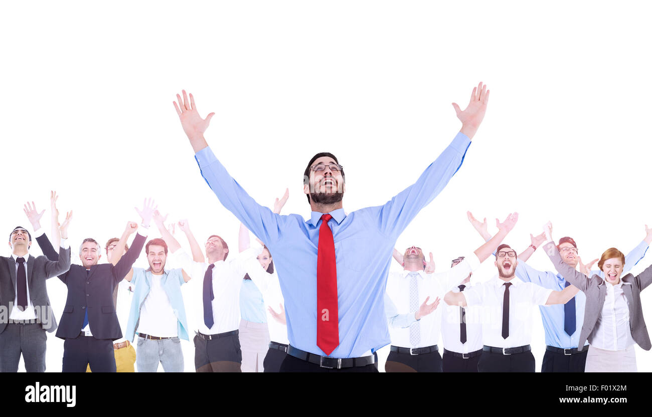 Composite image of happy cheering businessman raising his arms Stock ...