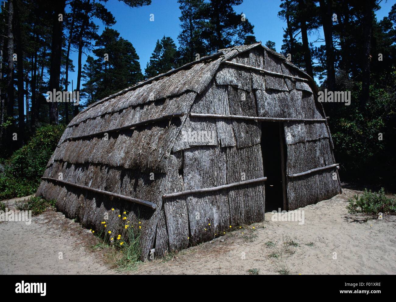 House of the Indian tribes of the Huron, built from tree bark, Oregon ...