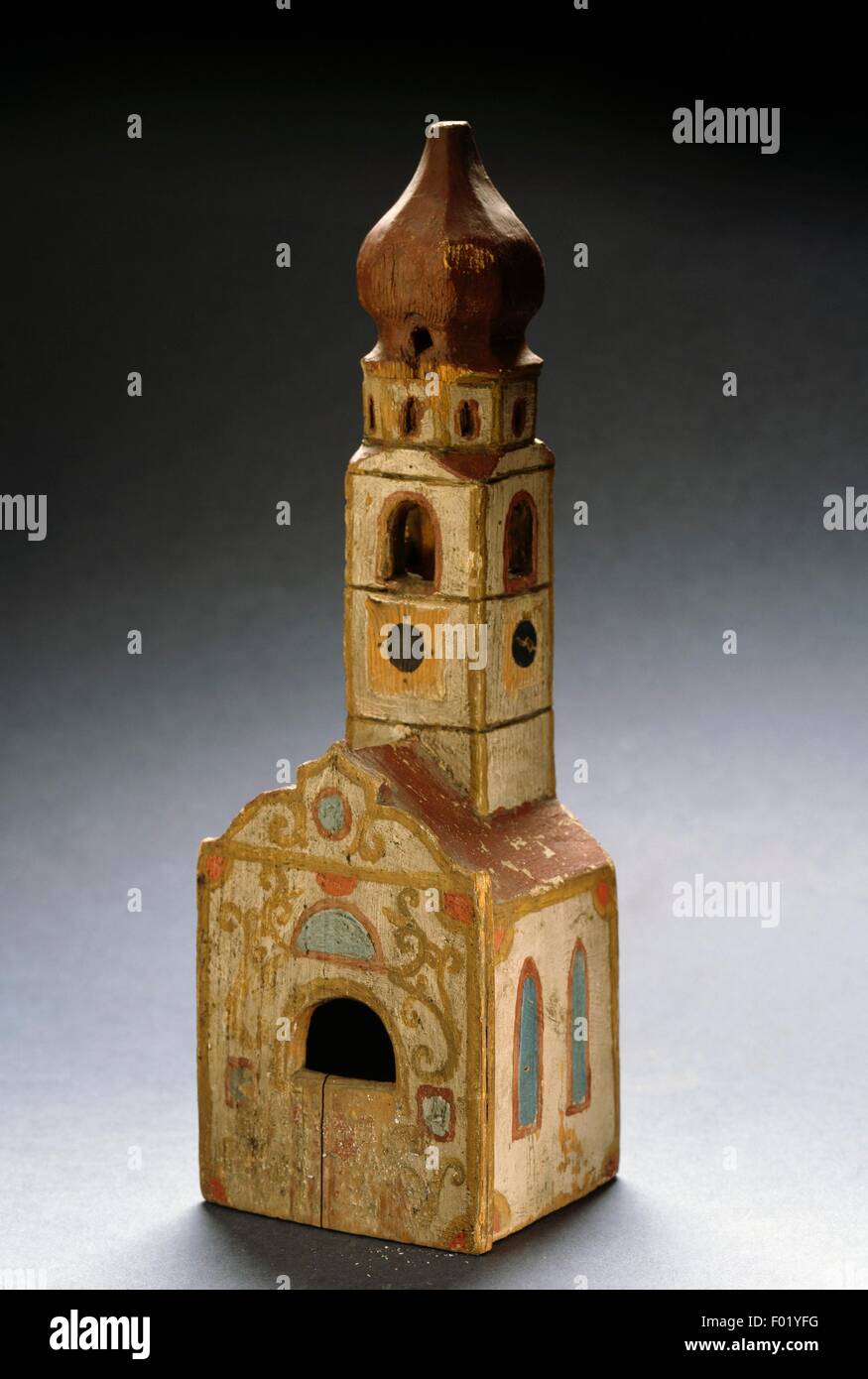 Wooden container for blessed salt in the shape of a church, Trentino ...