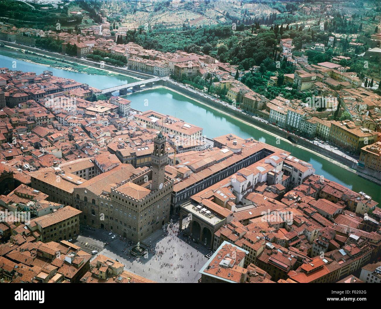Aerial view of the historic centre of Florence with the river Arno ...