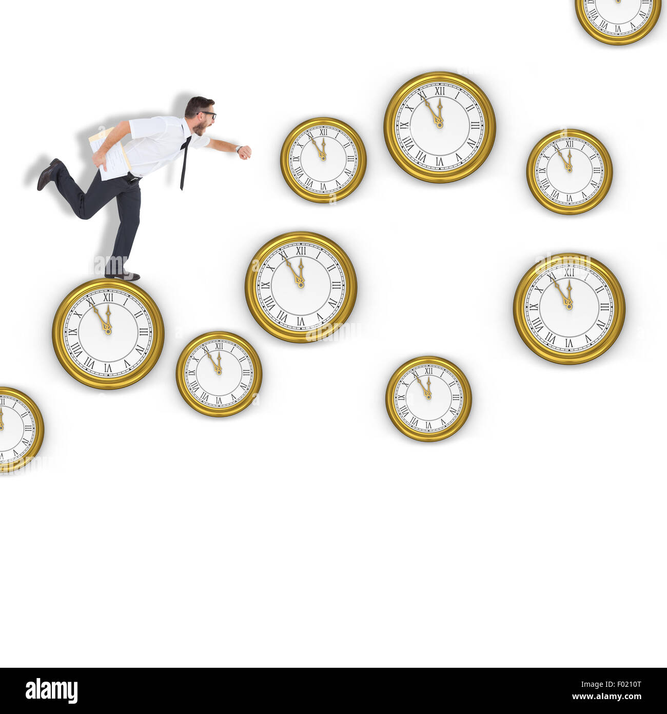 Composite image of geeky young businessman running late Stock Photo - Alamy