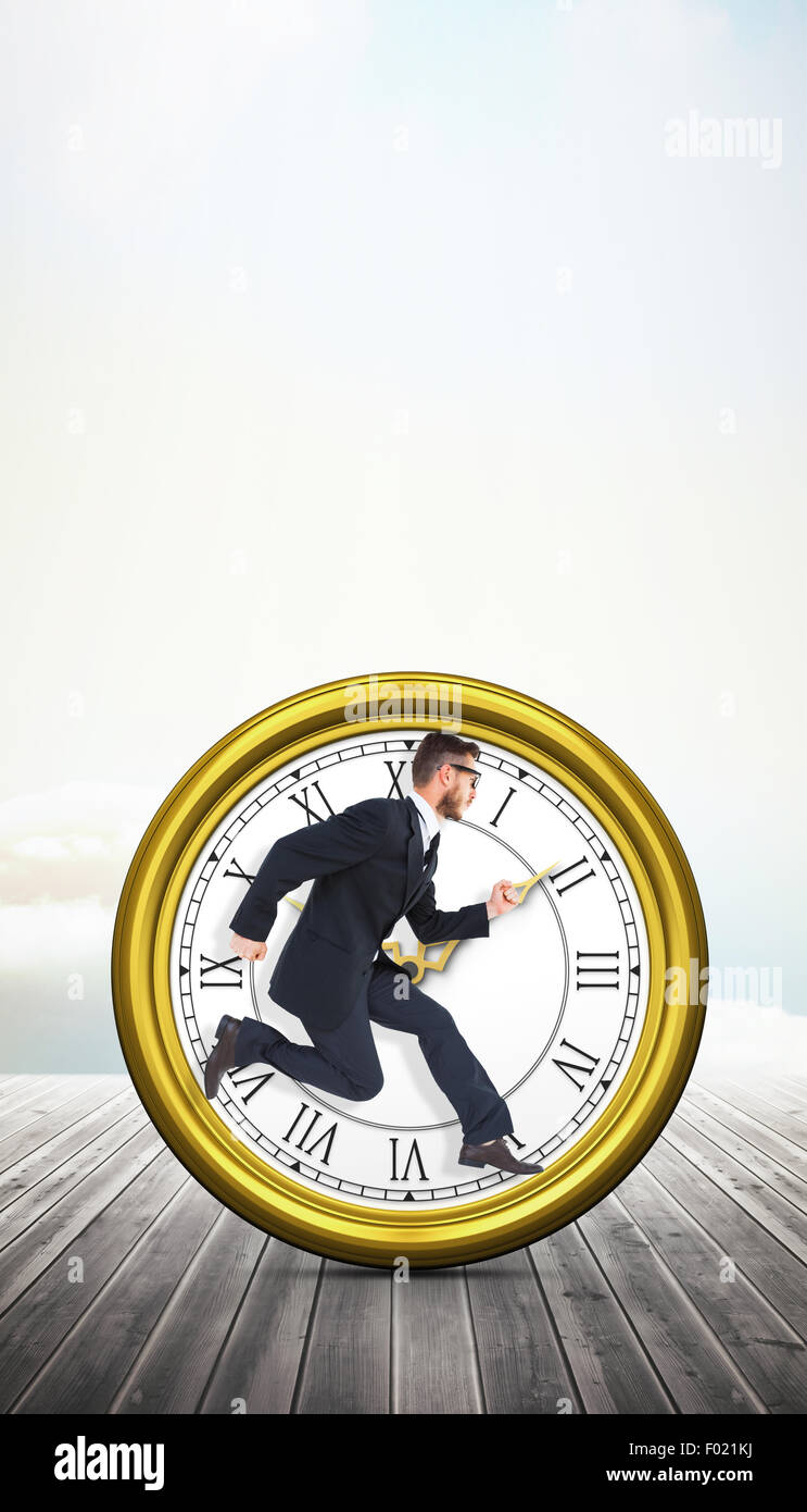 Composite image of geeky young businessman running mid air Stock Photo ...