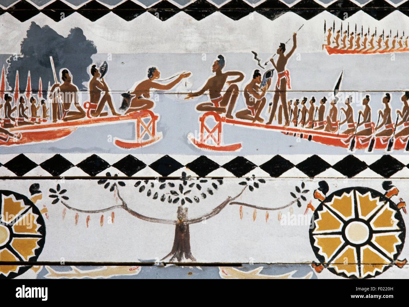 Indigenous palauani on boats, decoration painted on the facade of a ...