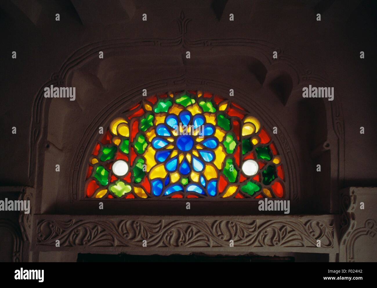 Stained-glass window in the old city of Sana'a' (UNESCO World Heritage ...