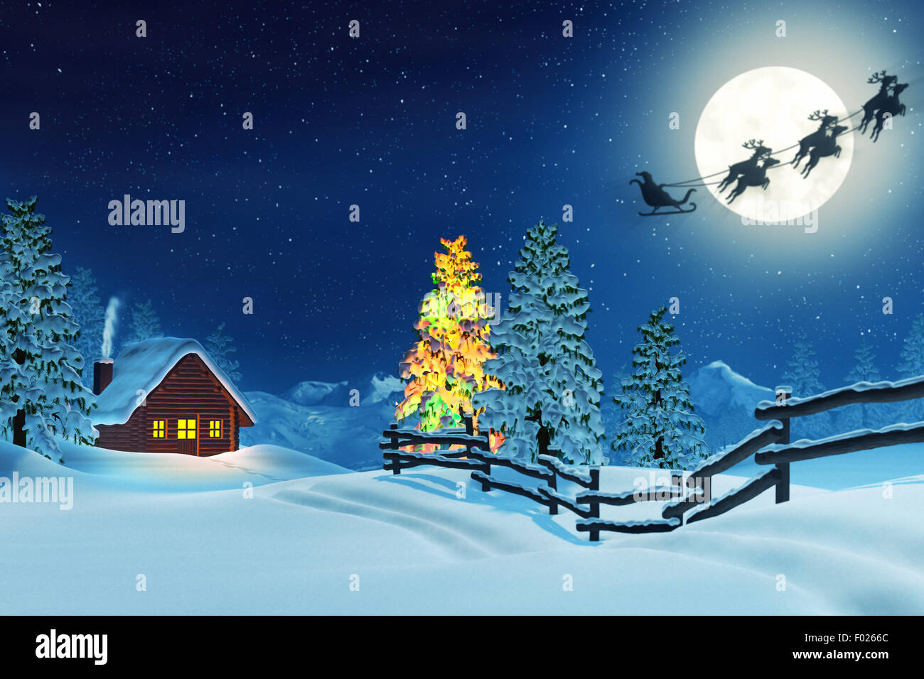 A cabin in a moonlit snowy Christmas landscape at night. The trees are ...