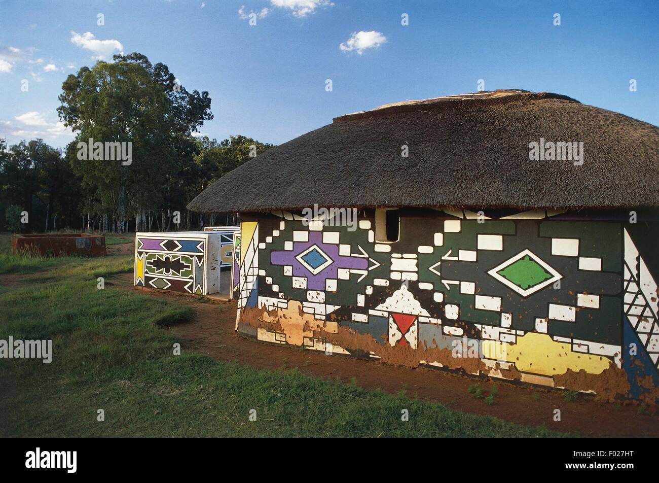 Houses painted with murals in a Ndebele village, South Africa Stock ...