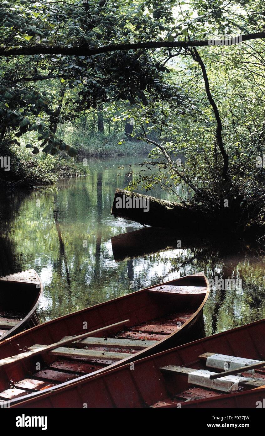 Boats in the Zelata oxbow lake (pond), at Cascina Orsine, Ticino Park ...