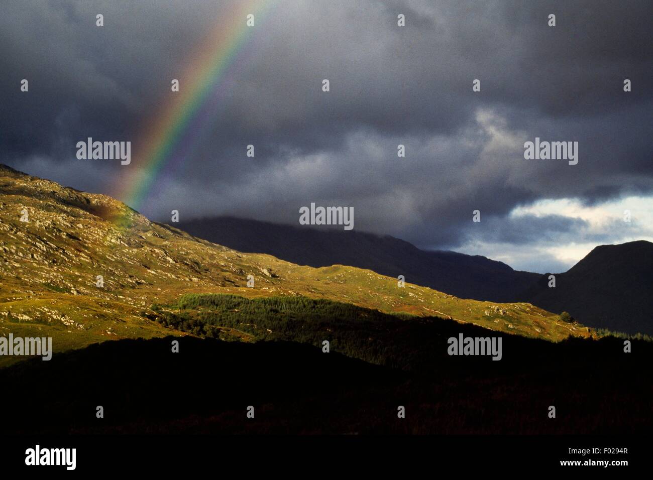 Rainbow in the sky of Glenfinnan, Scotland, United Kingdom Stock Photo ...