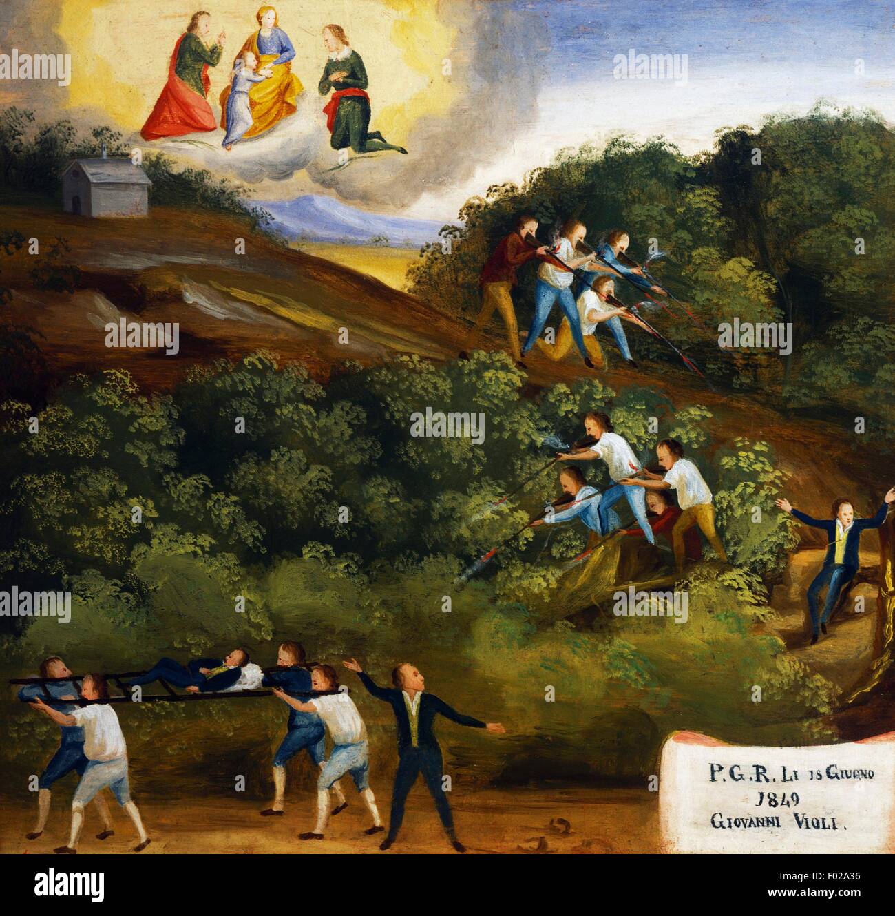 Firefight with a man on a stretcher in the foreground, St Vitus and St ...