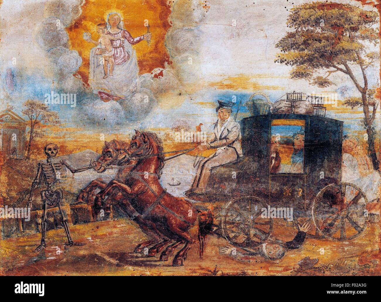 Man run over by a horse-drawn carriage, skeleton symbolizing death ...