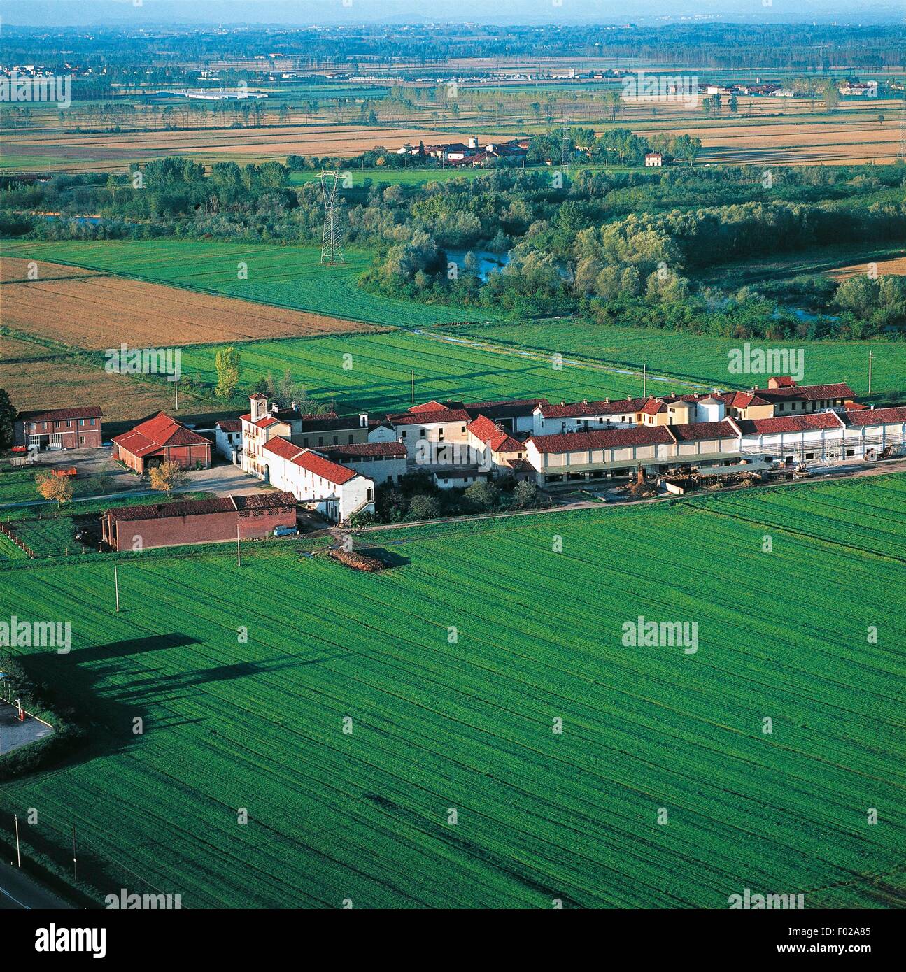 Aerial view of a farm near the rice fields near Novara - Piedmont ...