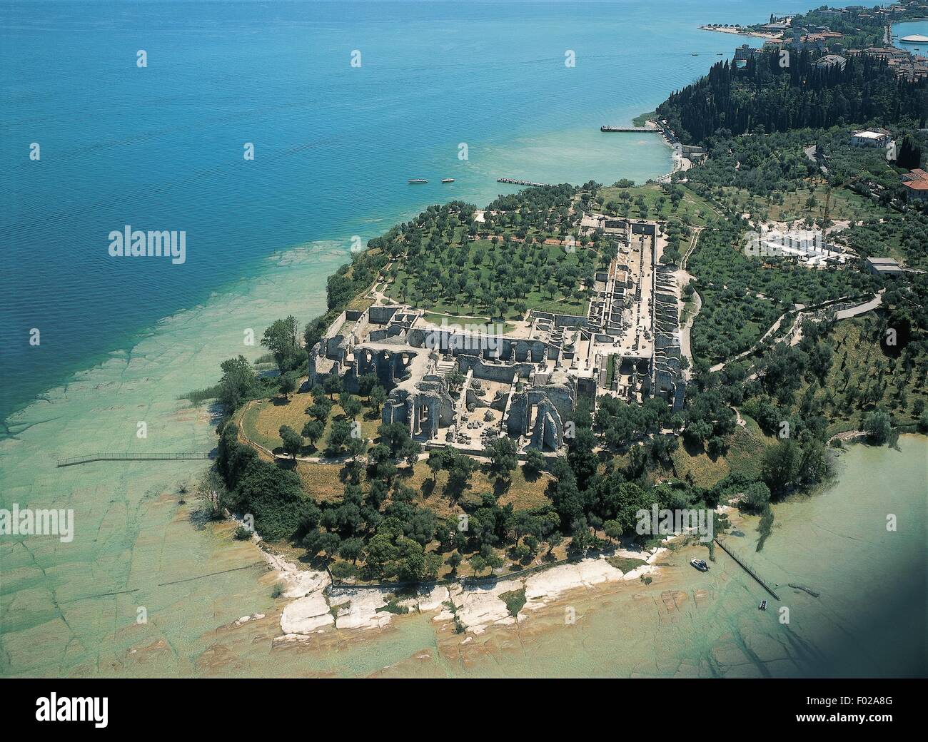 Aerial view of ruins of caves, Catullo Caves, Sirmione, Lombardy Region ...