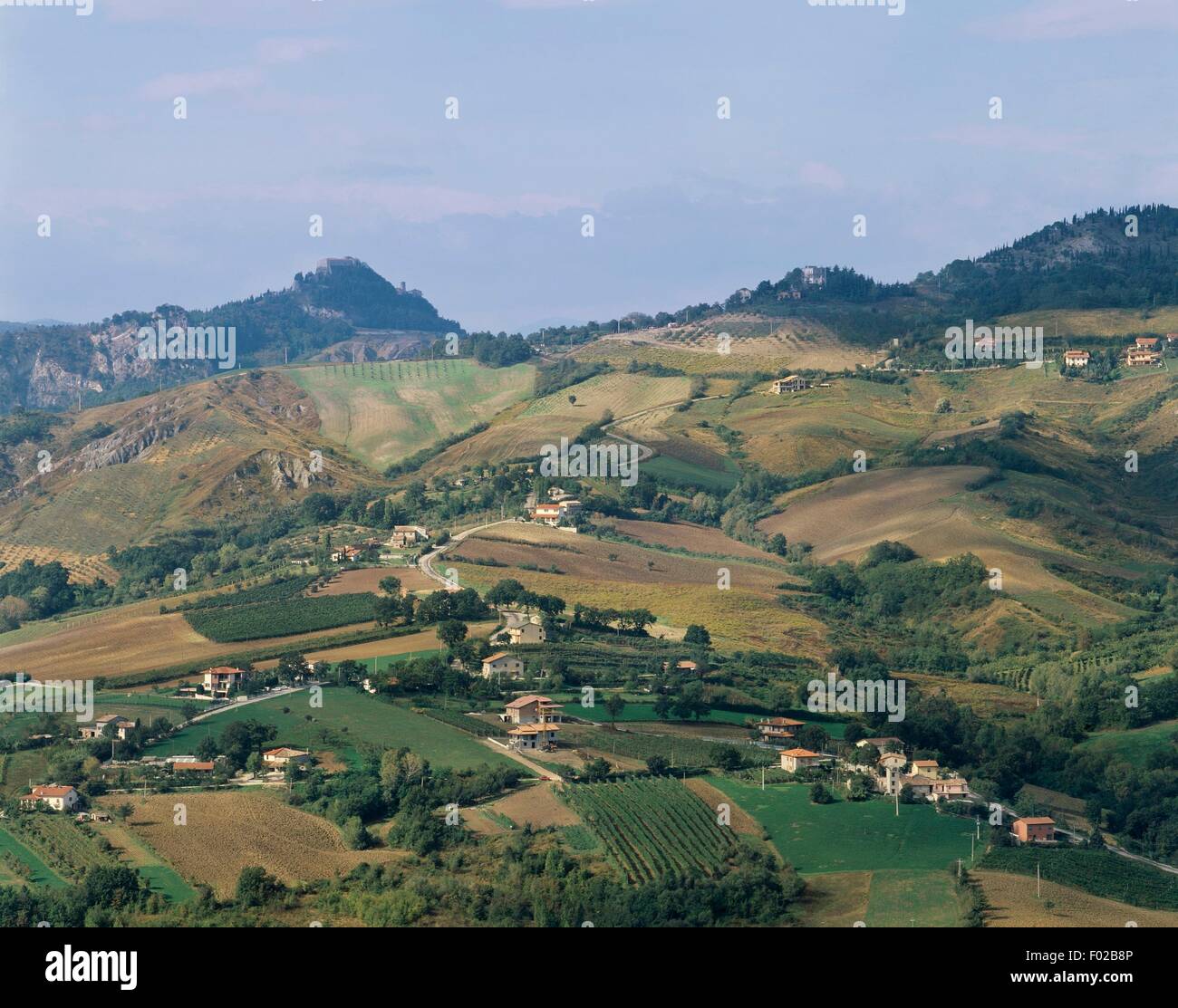 Aerial view of the Val Marecchia around Verucchio, Emilia-Romagna ...