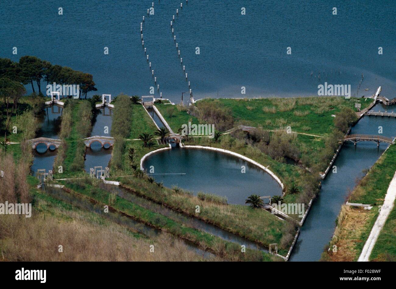 Fishpond in the outflowing river of Lake Paola, National Park of Circeo ...