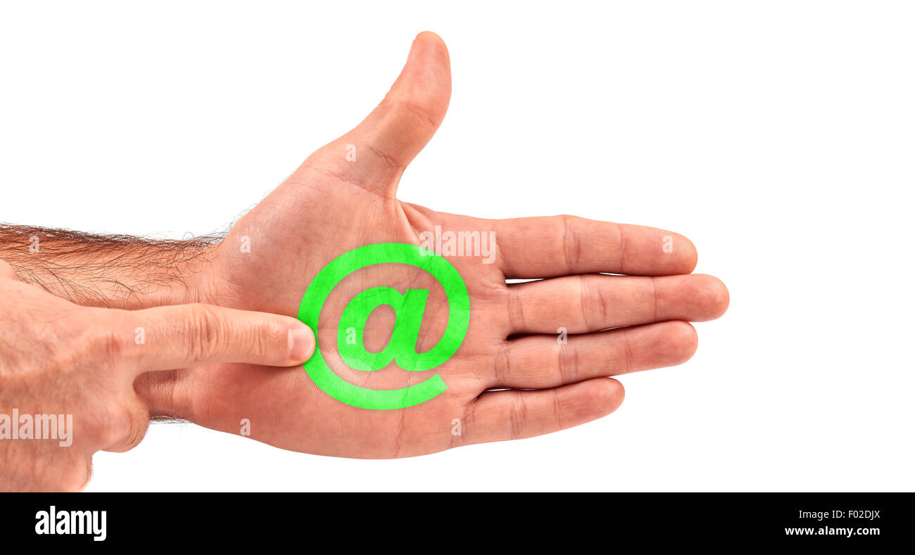 Man clicks email @ at symbol button on his open palm Stock Photo - Alamy