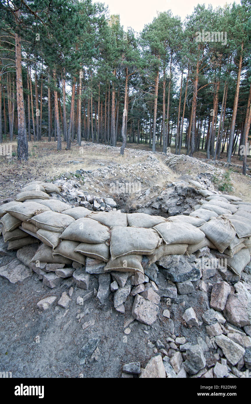 Trenches with stacked sandbags used as defence in the Spanish civil war ...