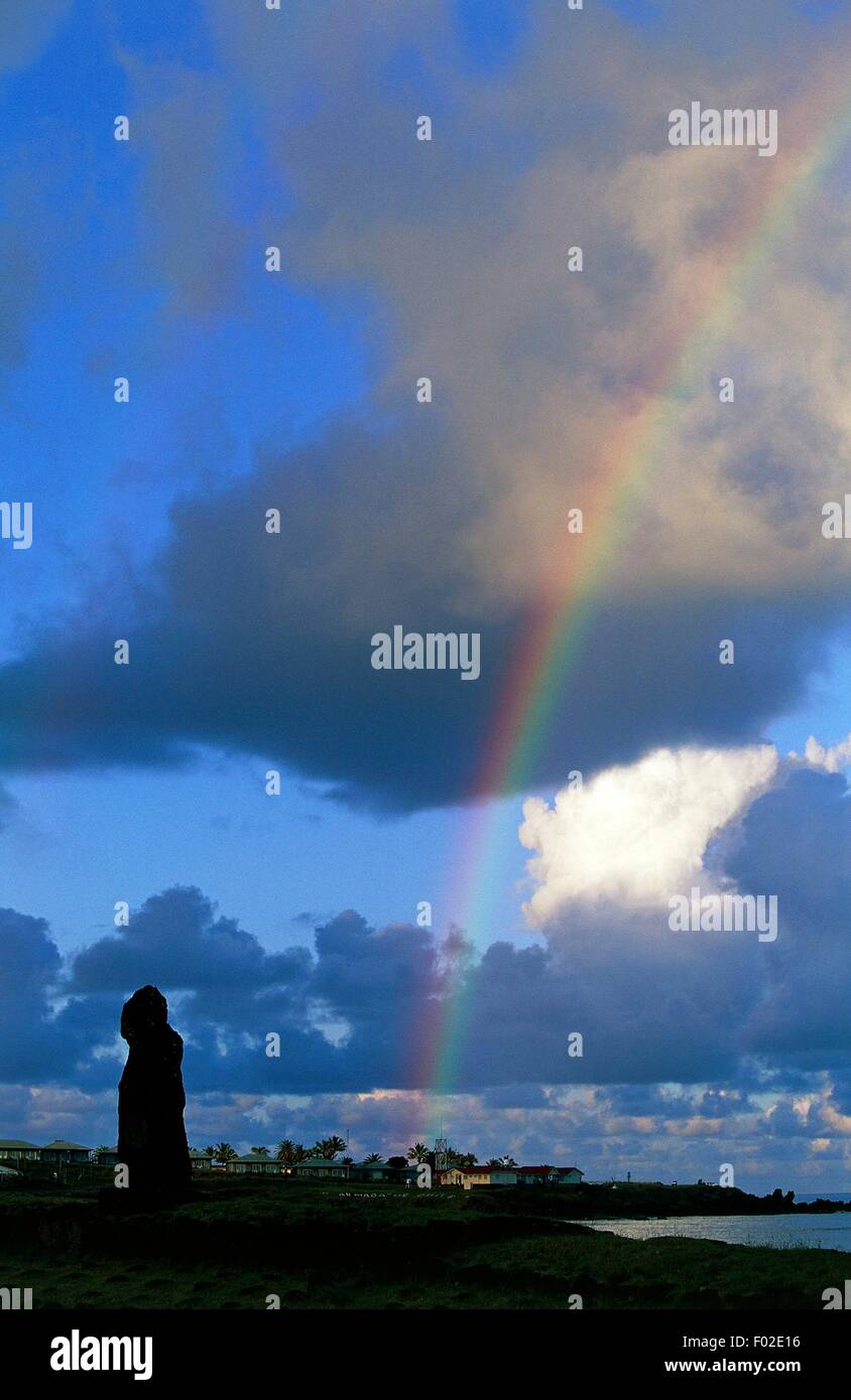 Rainbow on the outskirts of Hanga Roa and Moai (megalithic ...