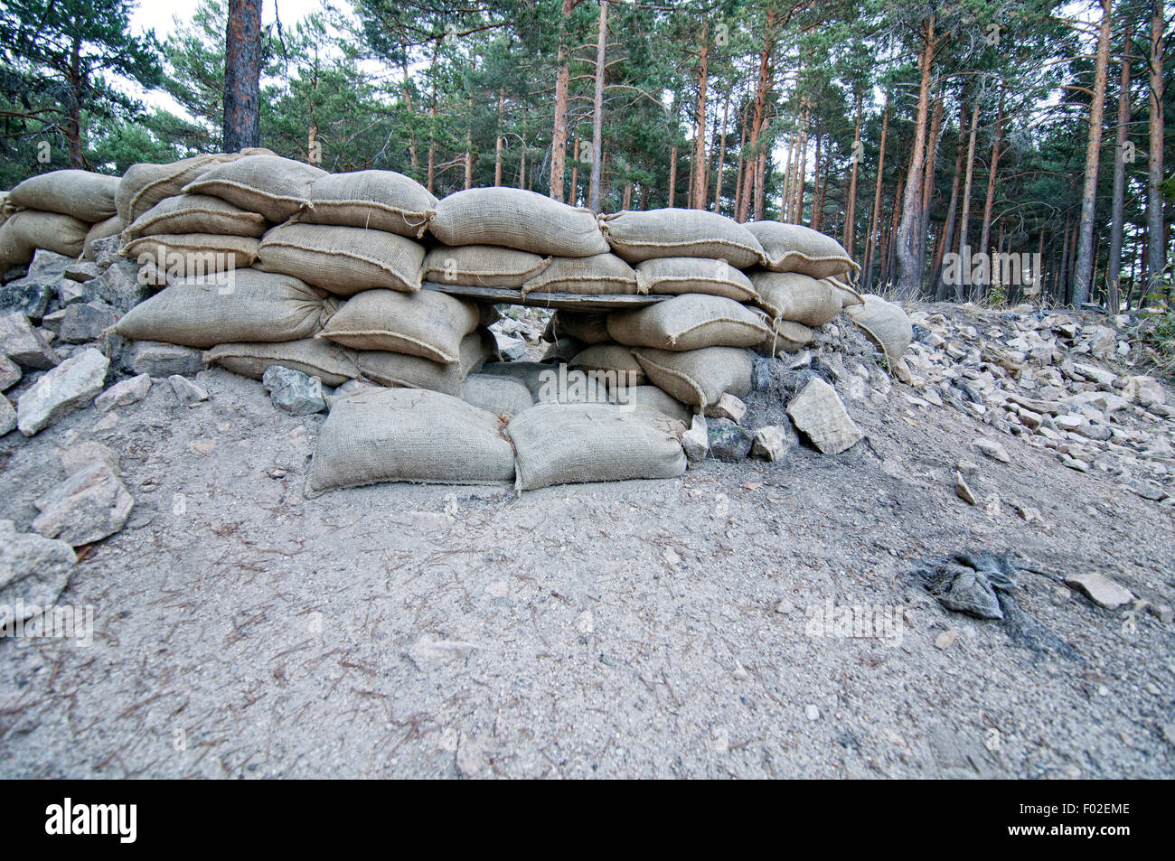 Trenches with stacked sandbags used as defence in the Spanish civil war ...