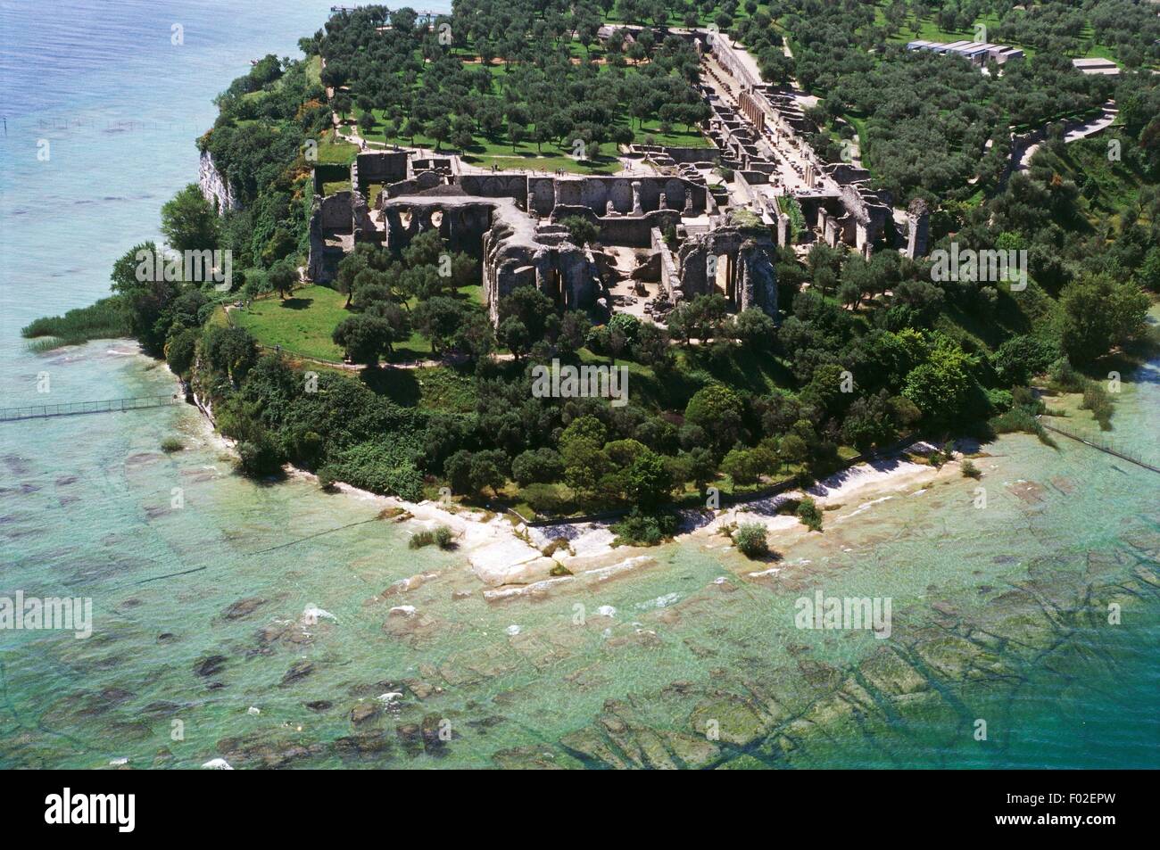 Aerial view of the Grotto of Catullus, Roman villa in Sirmione on the ...