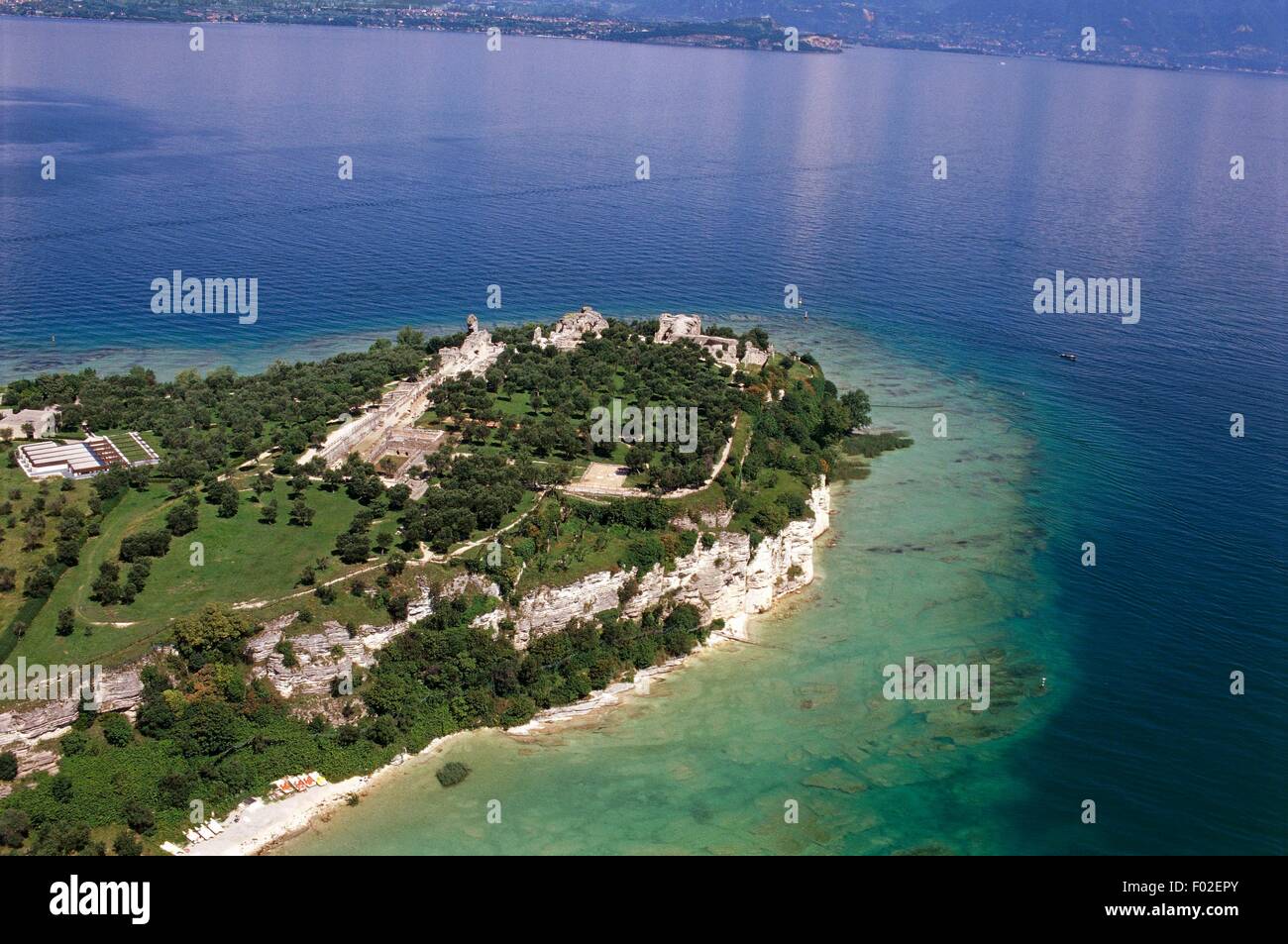 Aerial view of the Grotto of Catullus, Roman villa in Sirmione on the ...