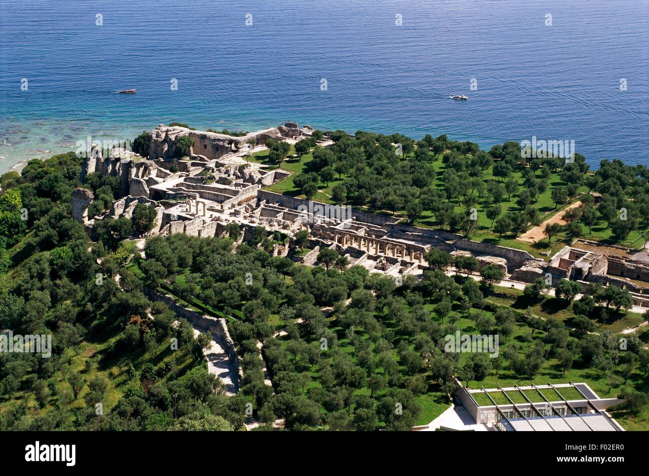 Aerial view of the Grotto of Catullus, Roman villa in Sirmione on the ...