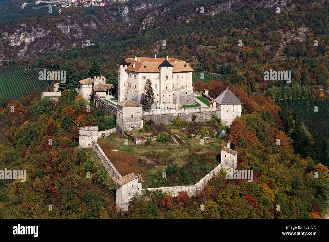 Aerial view of Cles Castle in the Val di Non - Province of Trento ...