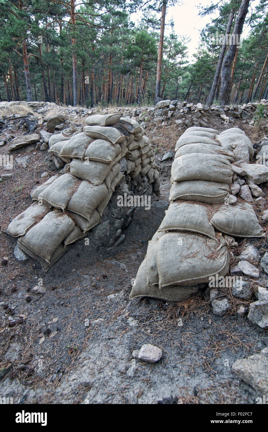 Trenches with stacked sandbags used as defence in the Spanish civil war ...