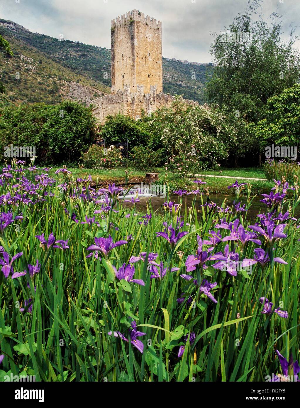 The tower of Caetani Castle built in the fourteenth century, blooming ...