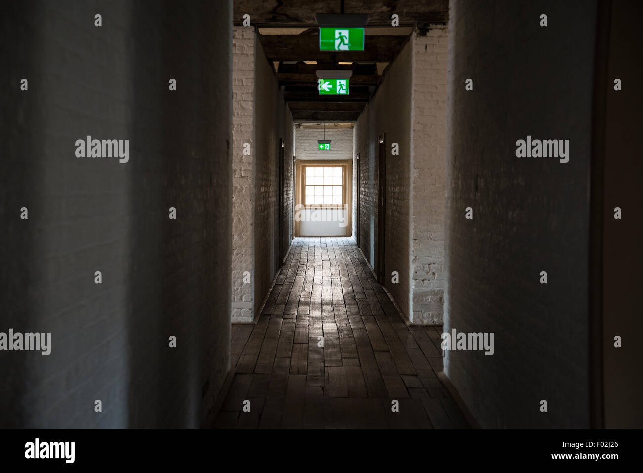 Corridor, Escape signs, Hyde Park Barracks, Sydney, Australia Stock ...