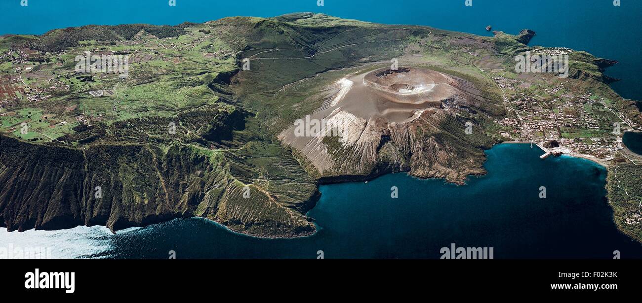 Aerial view of Vulcano Island, Porto and Gran Cratere in the Aeolian or ...