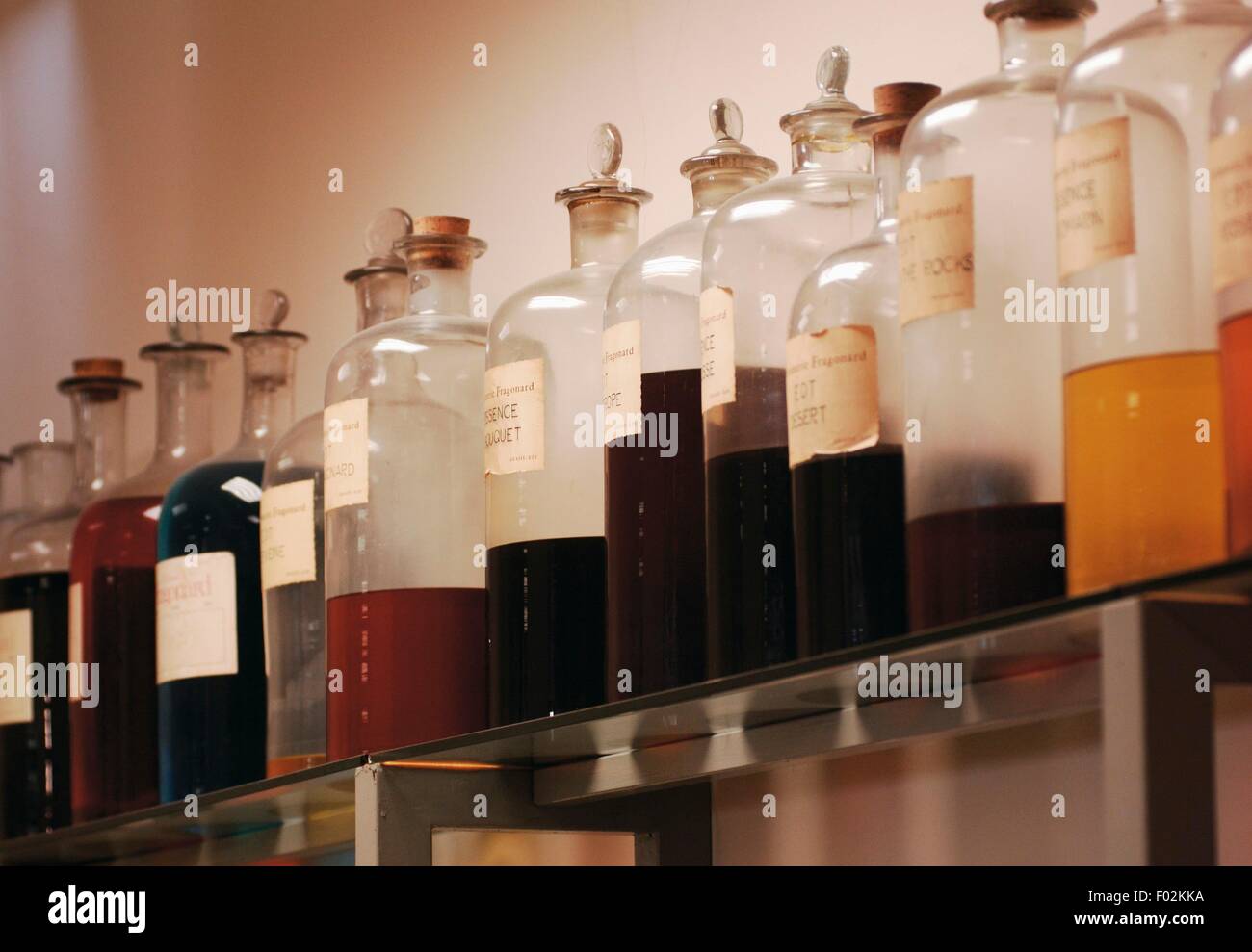 Bottles of aromatic oils in the Fragonard perfume factory, Grasse ...